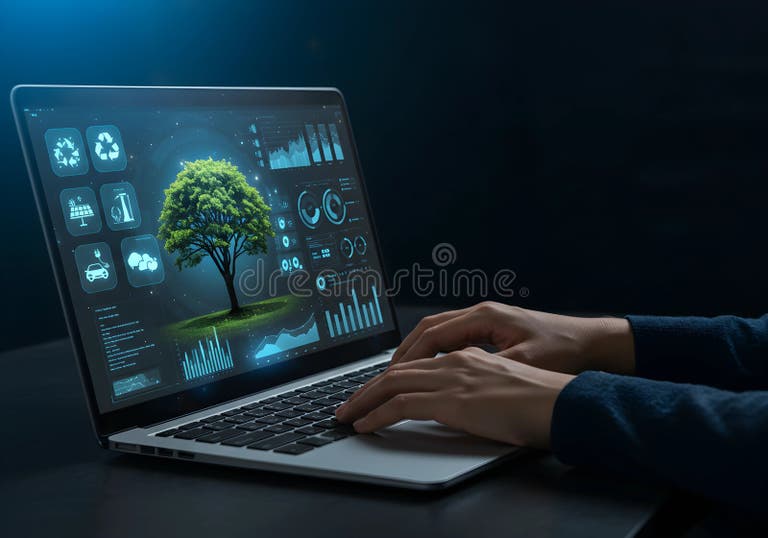 Tree on Laptop Screen with Digital Data Stock Illustration ...