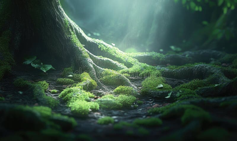 A Tree with a Large Root System and a Lot of Moss Growing on it Stock ...