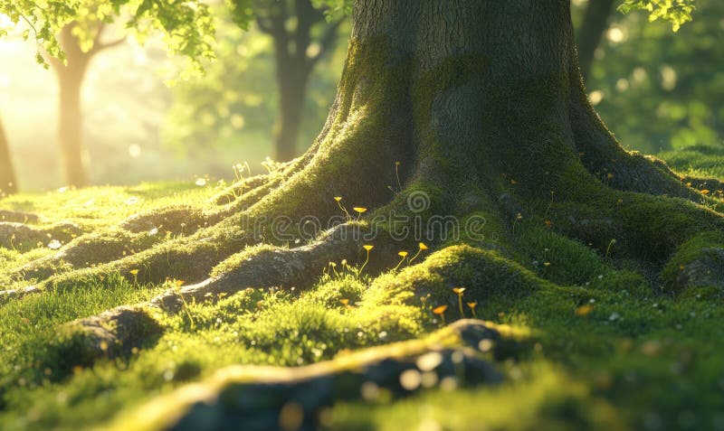 A Tree with a Large Root System is Surrounded by Grass Stock Photo ...