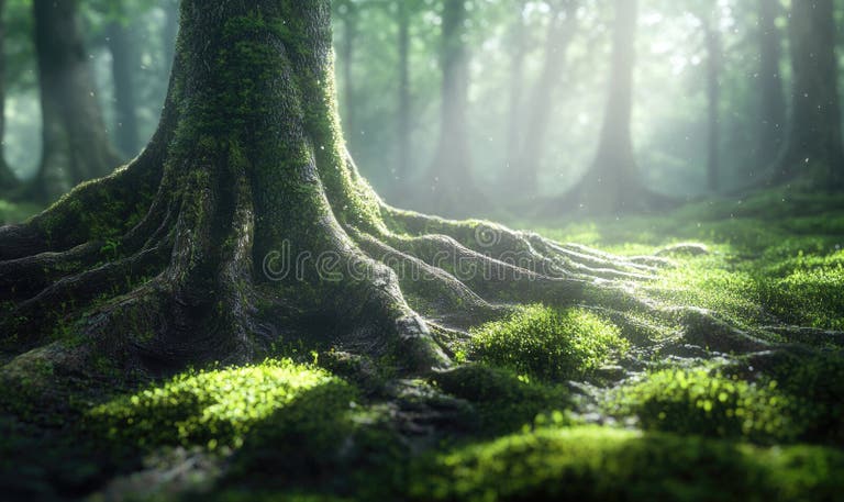 A Tree with a Large Root System is Surrounded by Green Grass Stock ...