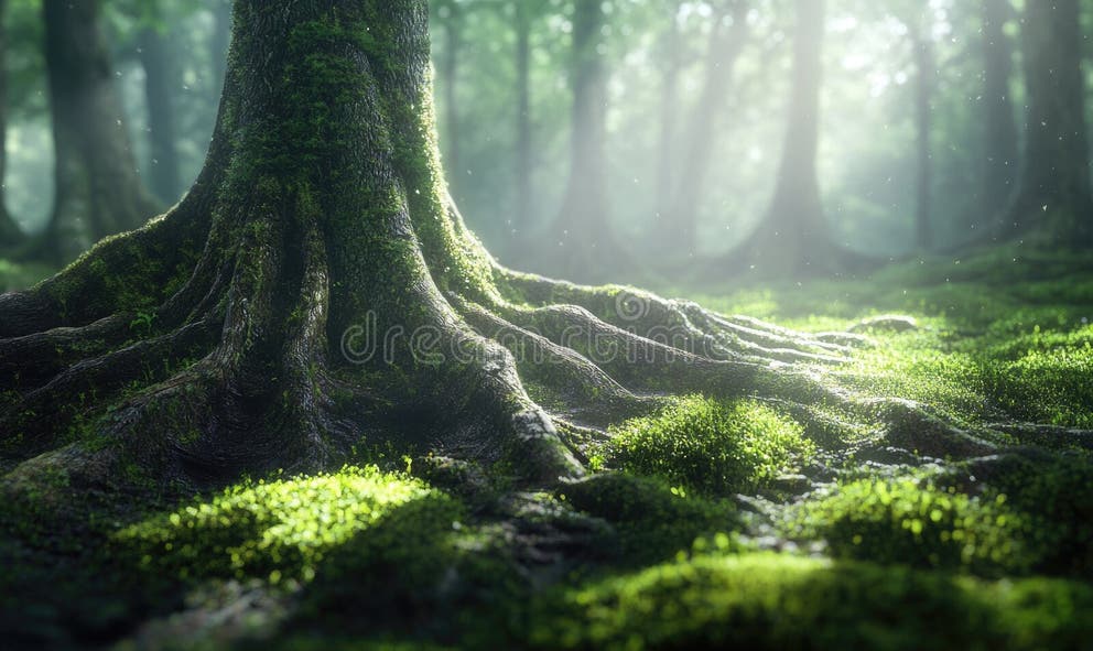 A Tree with a Large Root System is Surrounded by Green Grass Stock ...