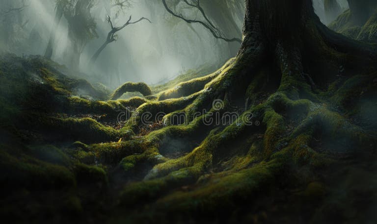 A Tree with a Large Root System is Surrounded by Moss Stock Image ...