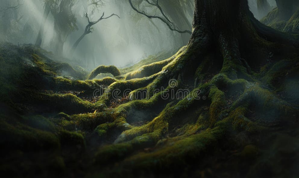 A Tree with a Large Root System is Surrounded by Moss Stock Image ...