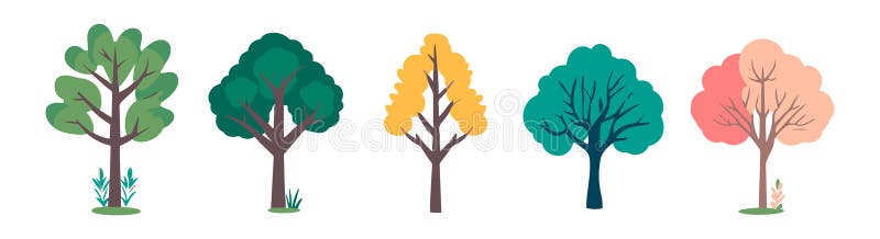 Tree and Leaf Collection Hand Drawn Flat Design Element. Botanical Set ...