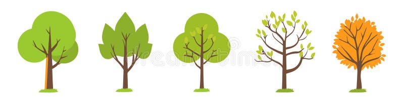 Tree and Leaf Collection Hand Drawn Flat Design Element. Botanical Set ...