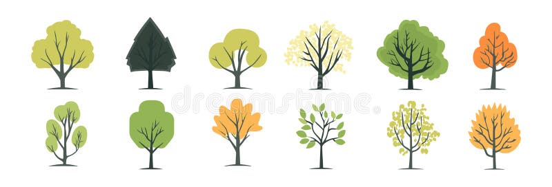Tree and Leaf Collection Hand Drawn Flat Design Element. Botanical Set ...
