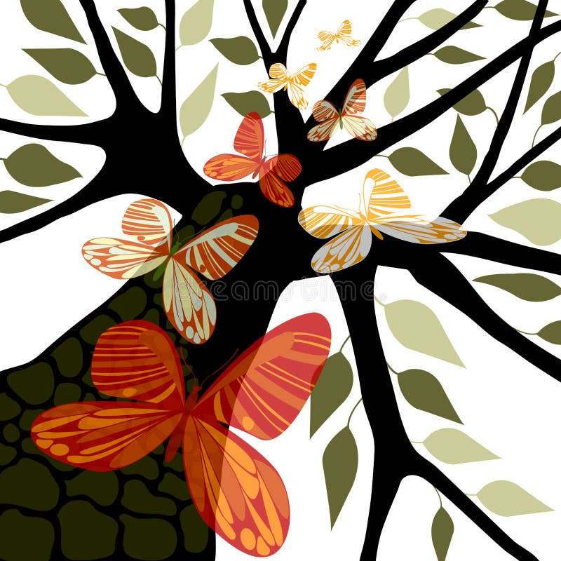 Tree with Leaves & Butterflies Stock Vector - Illustration of flying ...
