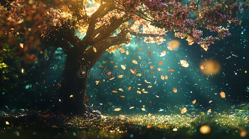 A Tree with Leaves Falling in the Background Stock Image - Image of ...