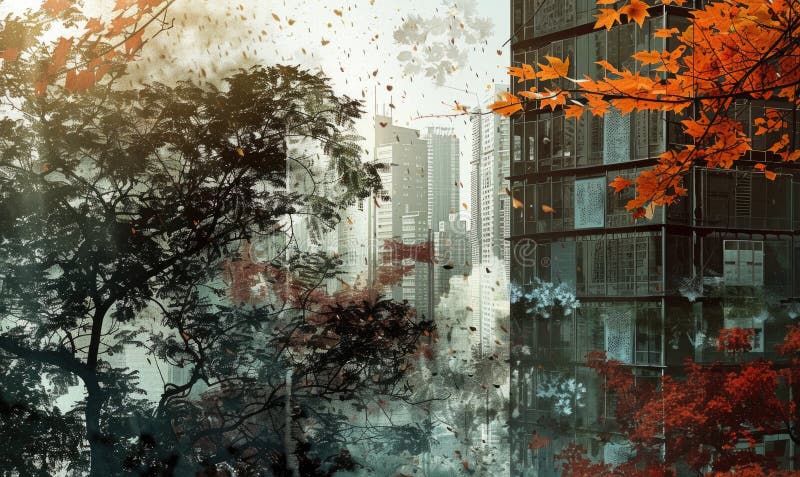A Tree with Leaves Falling in Front of a Building Stock Image - Image ...