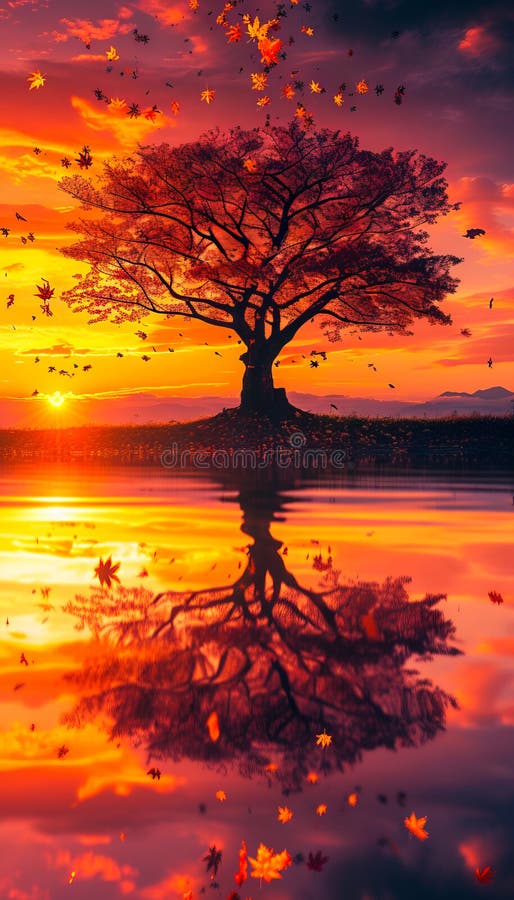 A Tree with Leaves Falling in the Water at Sunset Stock Image - Image ...
