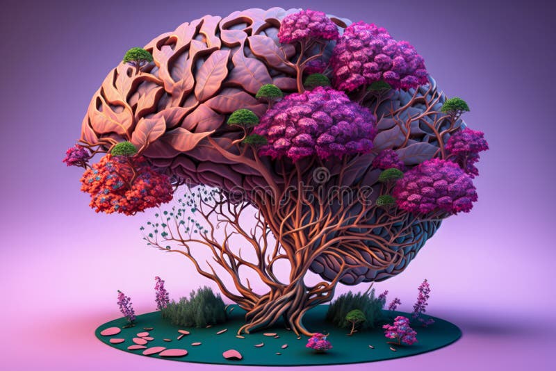 A Tree with Leaves and Flowers in the Form of a Human Brain. Generative ...