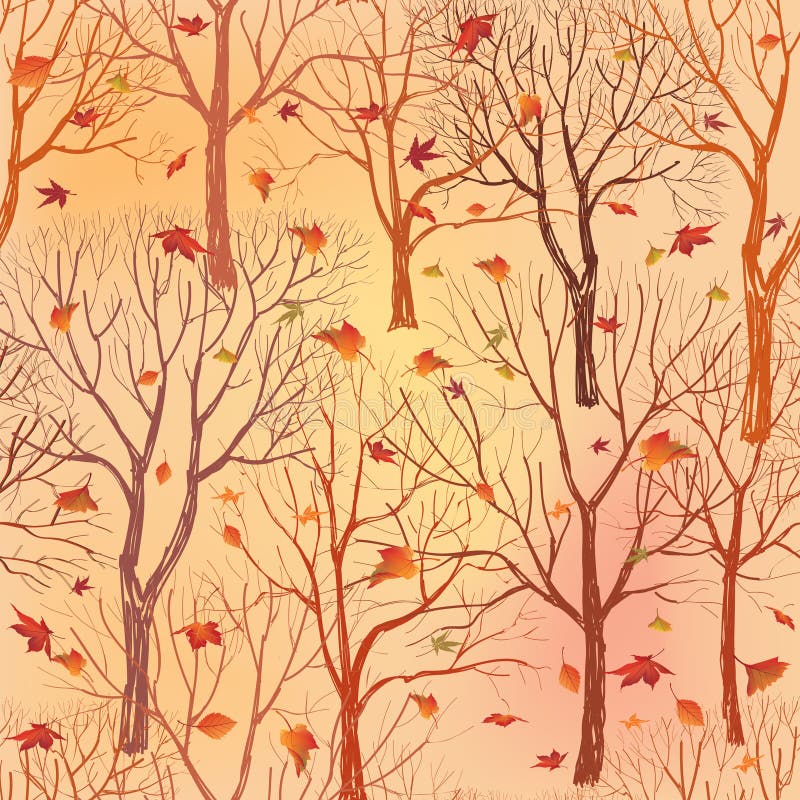 Tree without Leaves on Yellow Background. Fall Seamless Floral Pattern ...