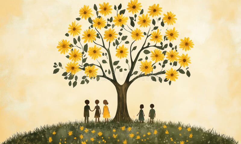 Tree of Life with Children and Sunflowers Symbolizing Growth, Unity ...