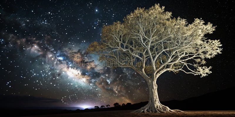 Tree of Life in Front of Night Sky Cosmos Stock Illustration ...