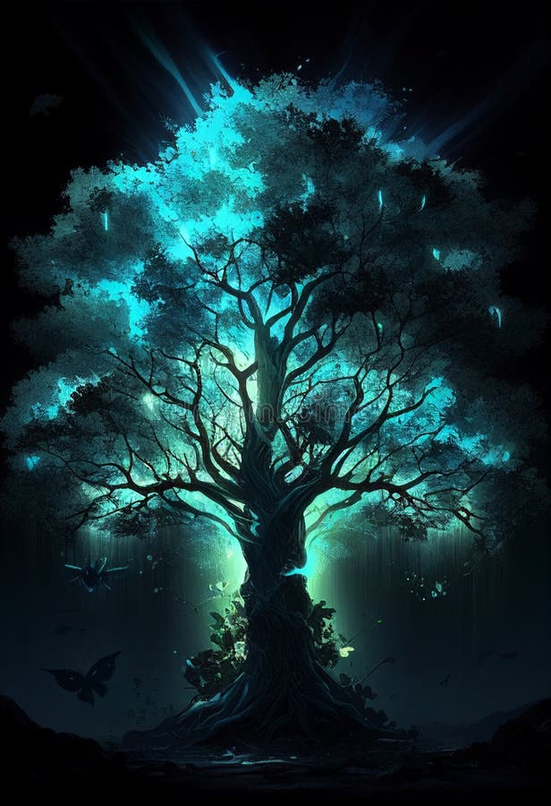 Tree of Life with Glowing Highlights and Reflections Against the Night ...