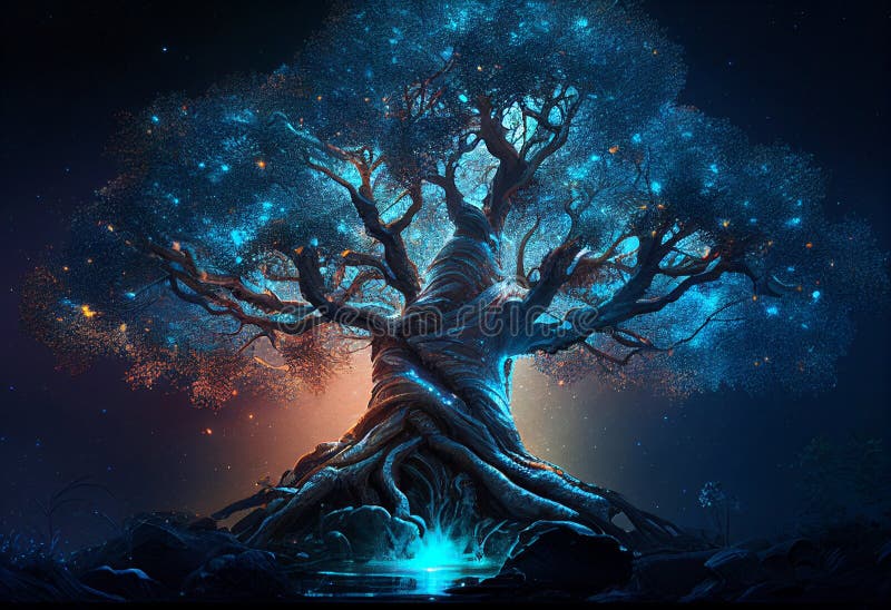 Tree of Life with Glowing Highlights and Reflections Against the Night ...