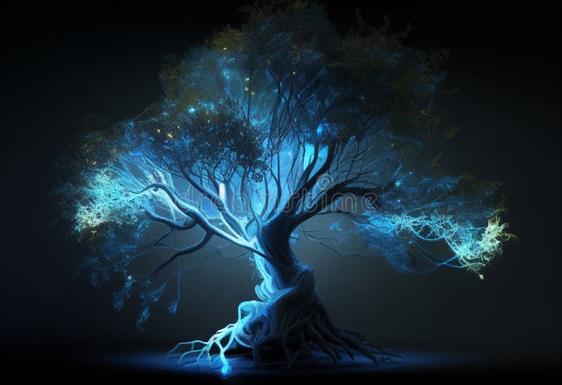 Tree of Life with Glowing Highlights and Reflections Against the Night ...