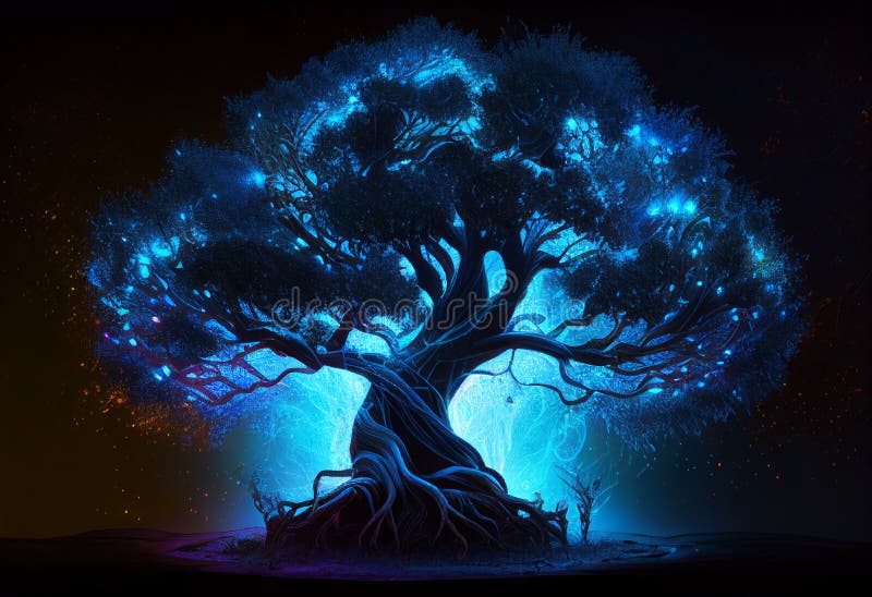 Tree of Life with Glowing Highlights and Reflections Against the Night ...