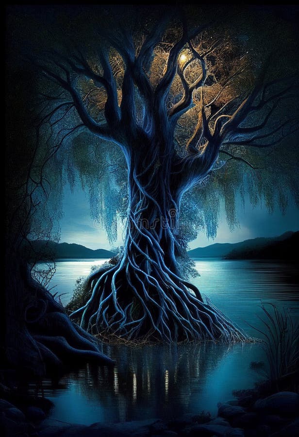 Tree of Life with Glowing Highlights and Reflections Against the Night ...