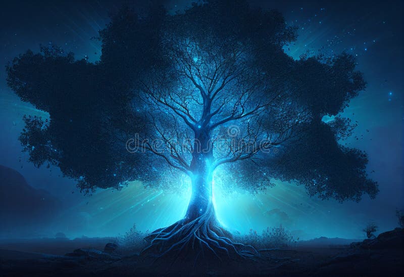 Tree of Life with Glowing Highlights and Reflections Against the Night ...