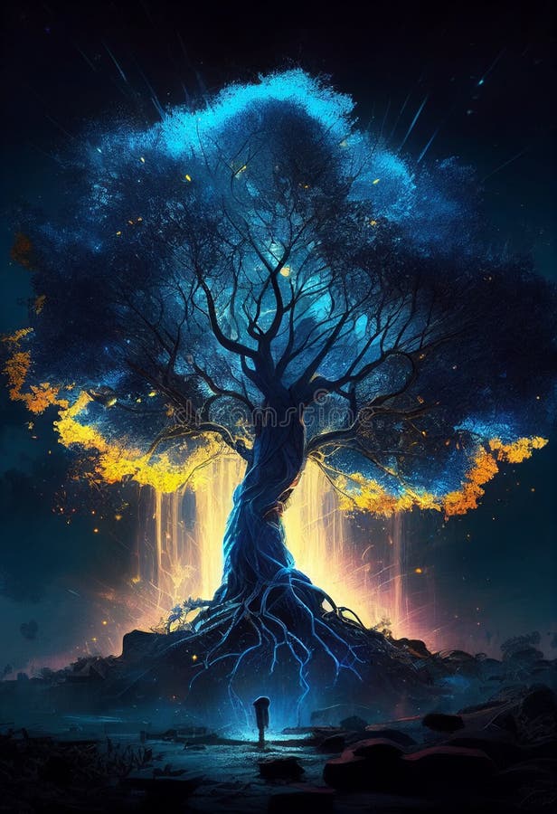 Tree of Life with Glowing Highlights and Reflections Against the Night ...