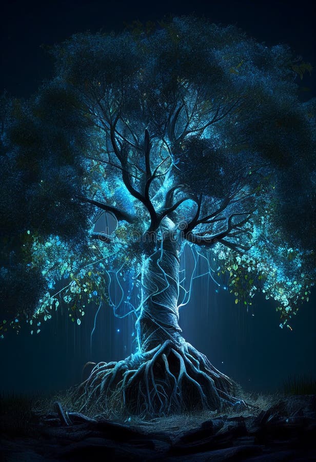 Tree of Life with Glowing Highlights and Reflections Against the Night ...