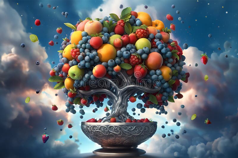 Tree of Life Illustrated by Cornucopia of Growing Fruits on Robust Tree ...