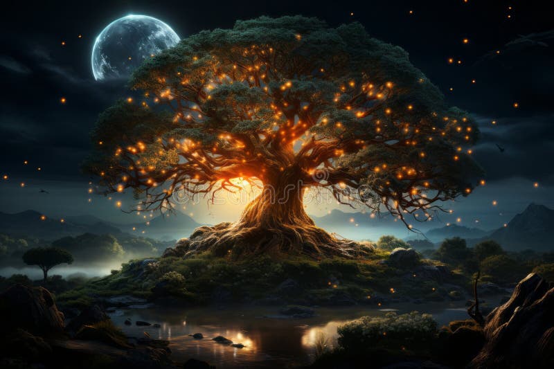 Tree of Life at Night. Beautiful Illustration Picture Stock ...