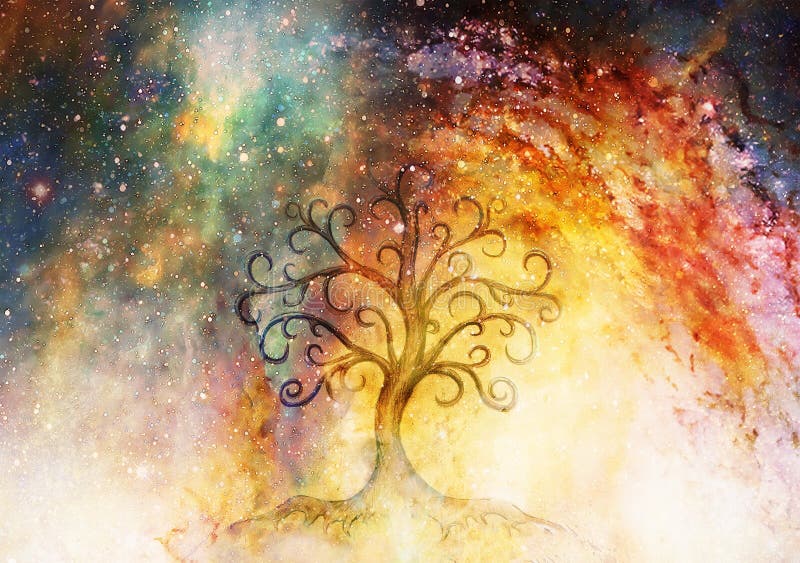 Tree of Life Symbol on Structured and Space Background, Flower of Life ...