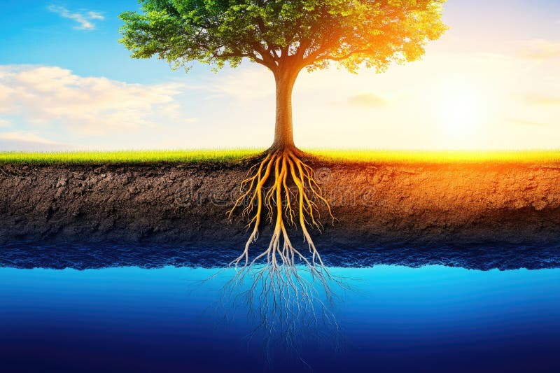 Tree of Life: Vibrant Landscape with Reflective Roots and Sunset Glow ...