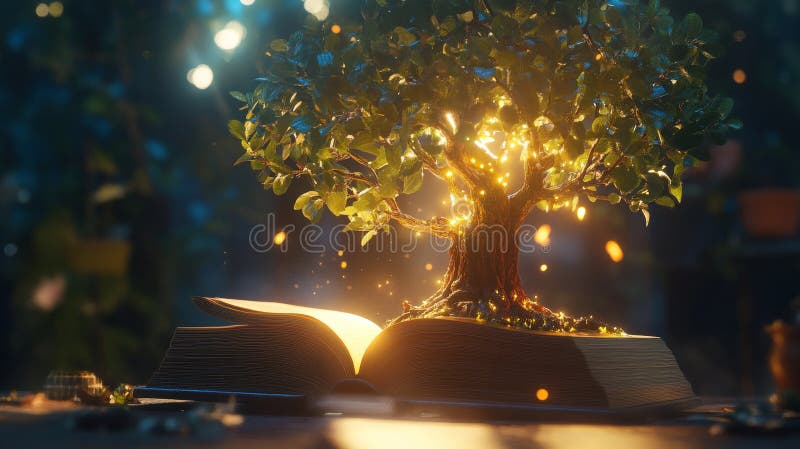Tree of Light Emerging from an Open Book at Twilight Stock Photo ...