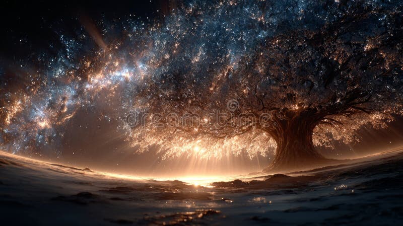 Tree of Light Sprouting in Galactic Void, Glowing Root Tentacles ...