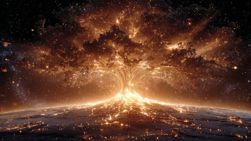 Tree of Light Sprouting in Galactic Void, Glowing Root Tentacles ...