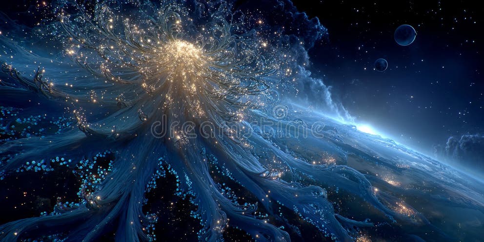 Tree of Light Sprouting in Galactic Void, Glowing Root Tentacles ...
