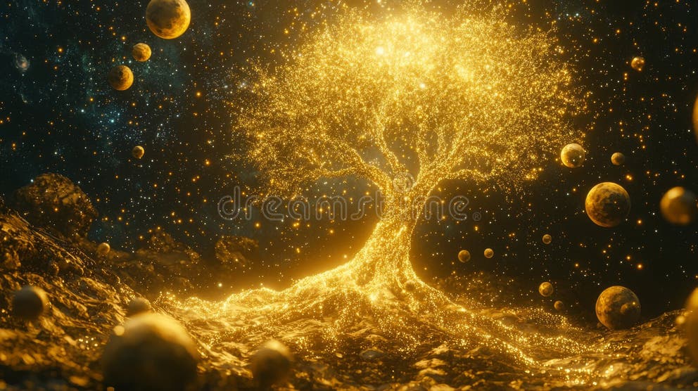 Tree of Light Sprouting in Galactic Void, Glowing Root Tentacles ...