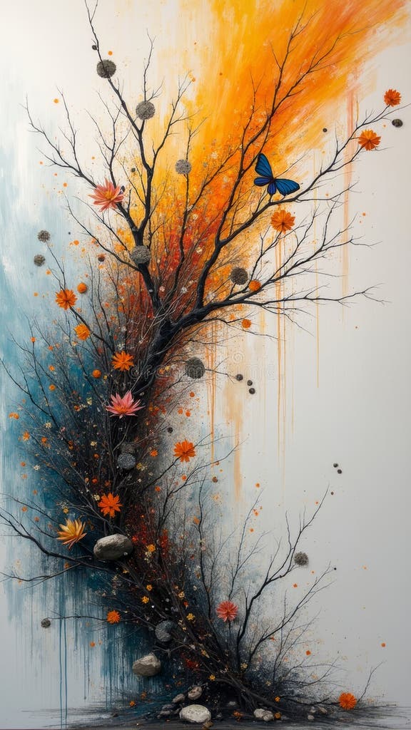 Tree-like Vertical Form Explodes with Fire-colored Intensity and Sharp ...