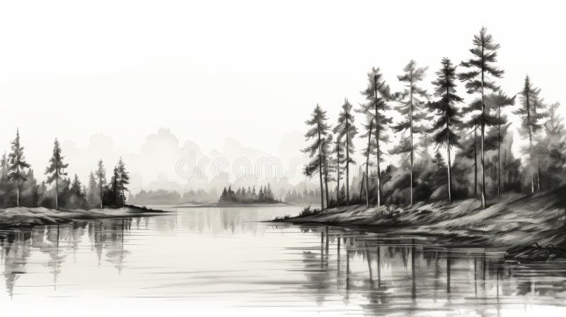 Monochromatic Ink Wash: Painted River with Trees and Mist Stock ...