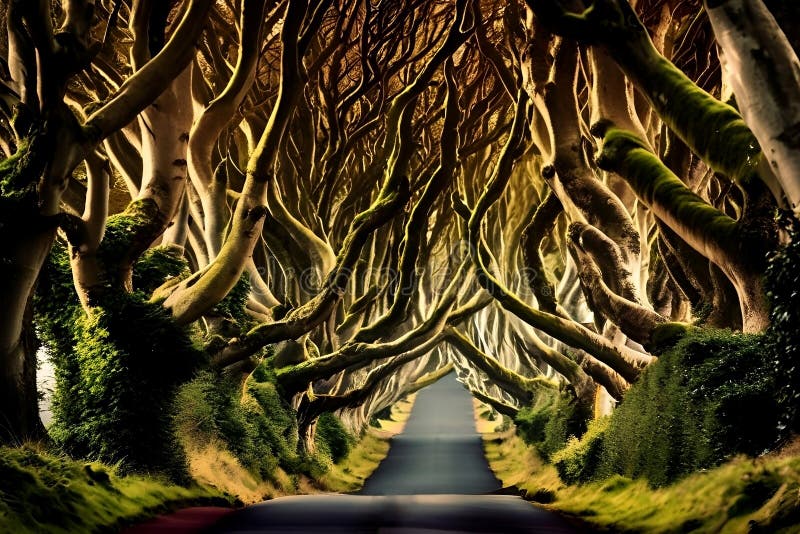 Tree-lined Magic Tunnel Road. Stock Illustration - Illustration of ...