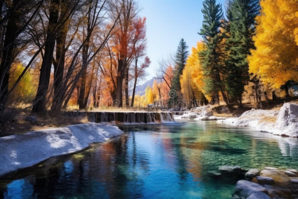 A Tree-lined Natural Hot Spring during the Fall Season Stock Image ...