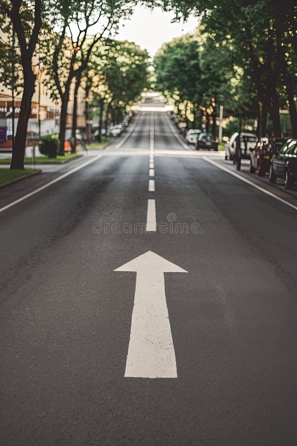 A Tree Lined Open Road with a White Arrow on the Road Pointing the ...
