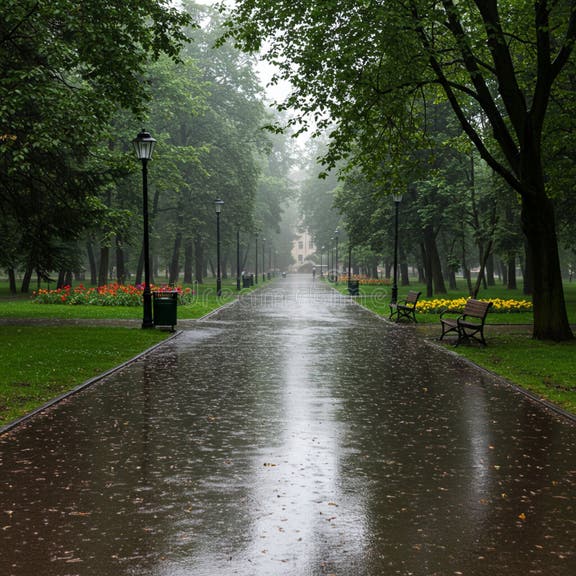 Tree-lined Park Pathway on a Rainy Day, with Wet Pavement Reflecting ...