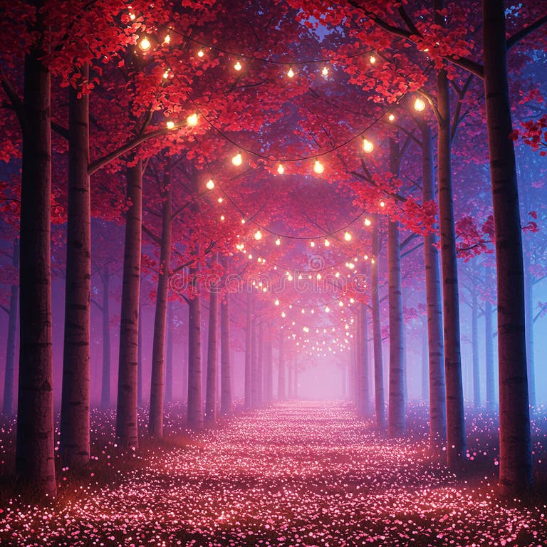 Tree-lined Path Adorned with String Lights Creates a Whimsical ...