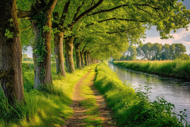 Tree Lined Path Alongside River Stock Illustration - Illustration of ...