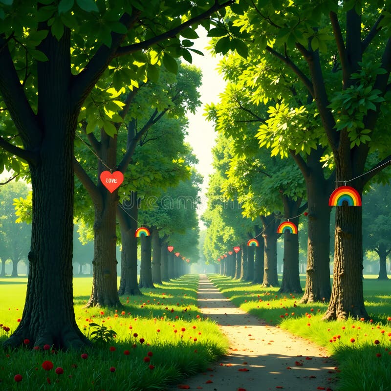 Tree-lined Path Decorated with Rainbows and Hearts Stock Illustration ...