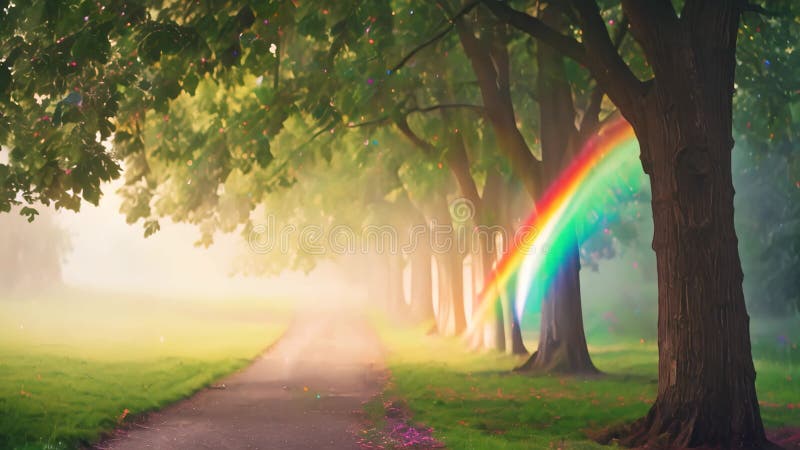 A Tree-lined Path Illuminated by a Vibrant Rainbow in the Middle, a ...