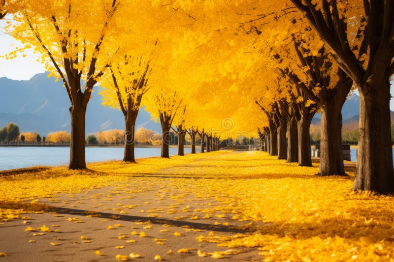 Tree Lined Path with Yellow Leaves on the Ground and Lake in the ...