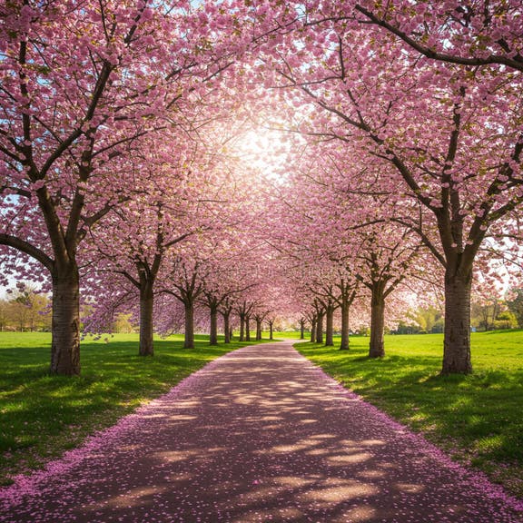 Tree-lined Pathway Adorned with Blooming Cherry Blossoms (Prunus ...