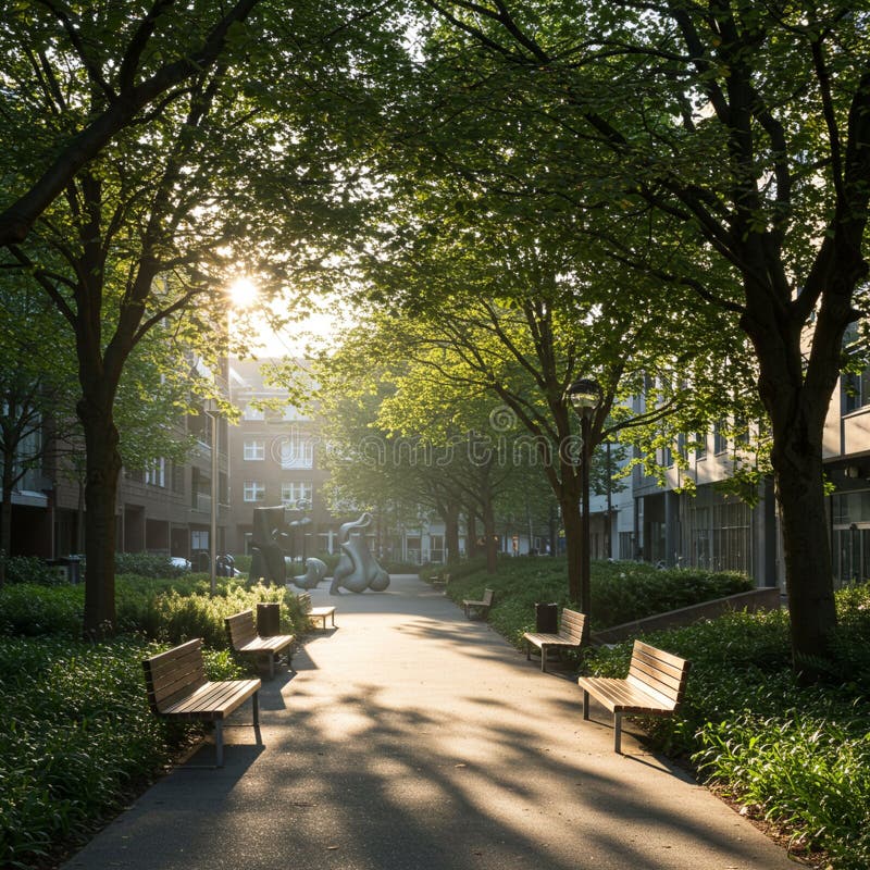 Tree-lined Pathway with Benches on Either Side, Shaded by Lush Green ...
