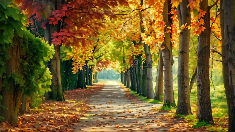 A Tree-lined Road Covered with Fallen Leaves on the Ground on a Sunny ...
