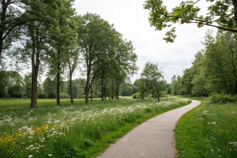 Tree-Lined Walking Path in the Park Stock Illustration - Illustration ...
